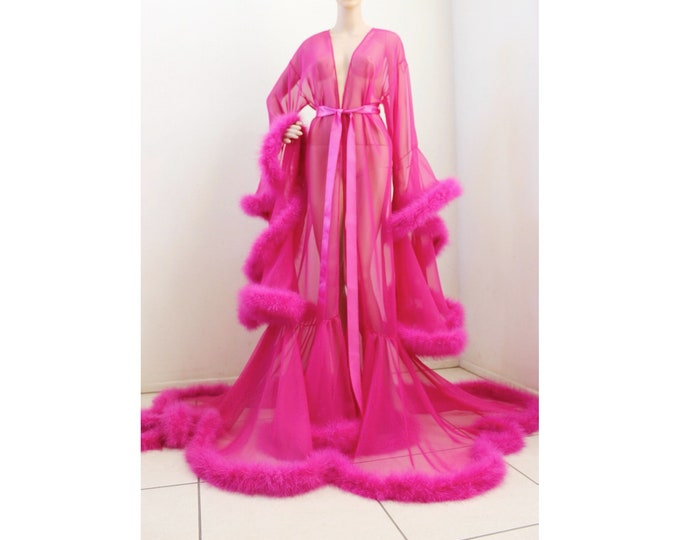 Pink Lingerie Luxury Sheer Fur Robe Berry Pink / Feather Trim Robe With ...