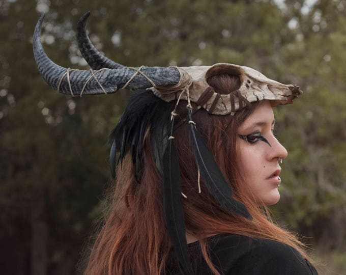 Skull Headdress Feather Viking Costume Shaman Mask Black Horns Tribal ...