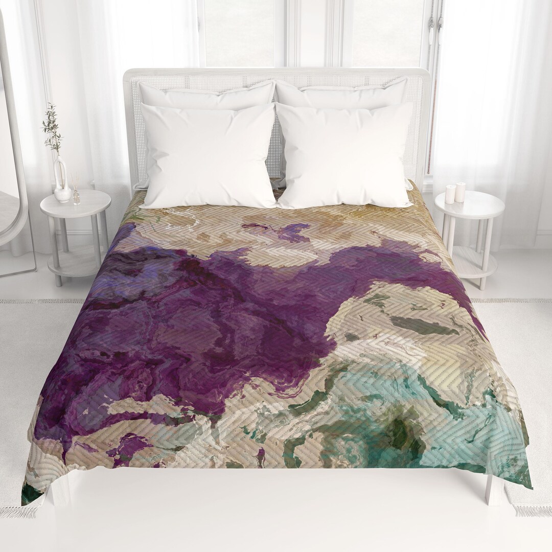 Quilted Bedspread With Abstract Art, Chevron Quilted Pattern and Hemmed ...