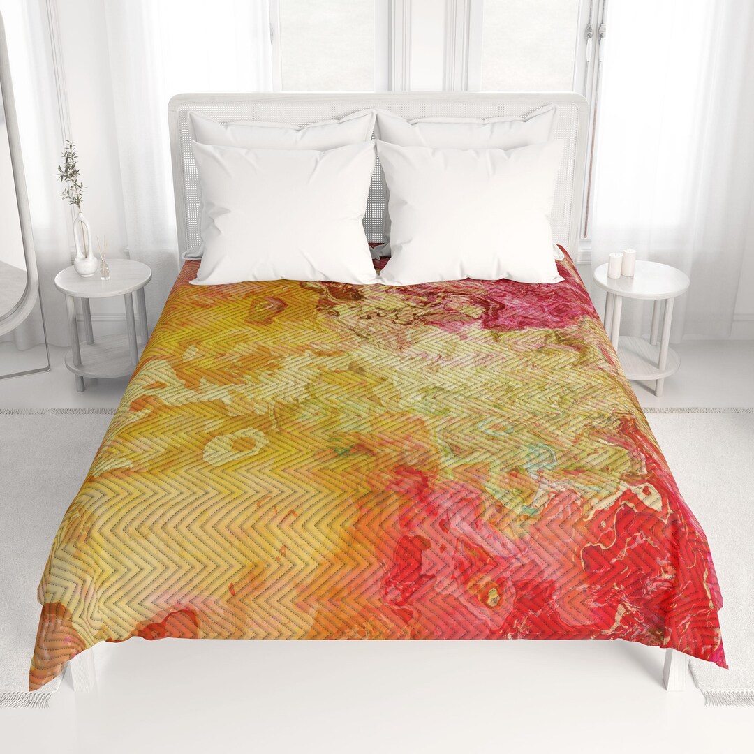 Quilted Bedspread With Abstract Art, Chevron Quilted Pattern and Hemmed ...