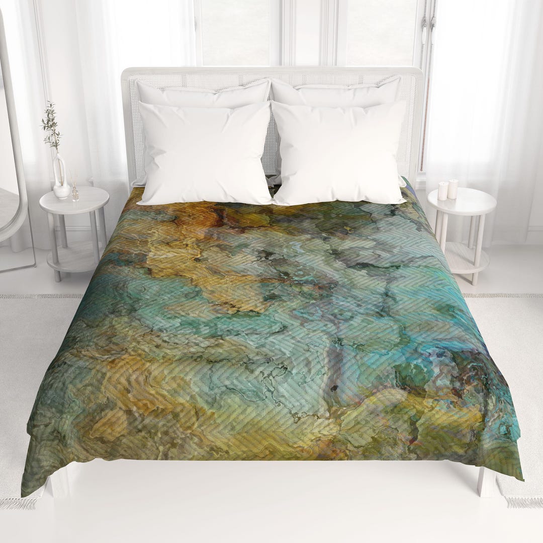Quilted Bedspread With Abstract Art, Chevron Quilted Pattern and Hemmed ...