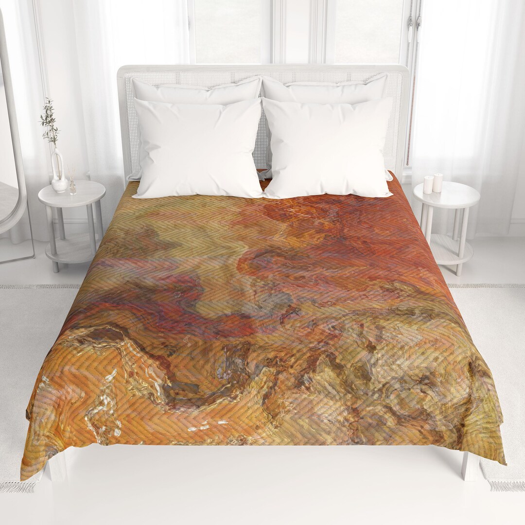 Quilted Bedspread With Abstract Art, Chevron Quilted Pattern and Hemmed ...
