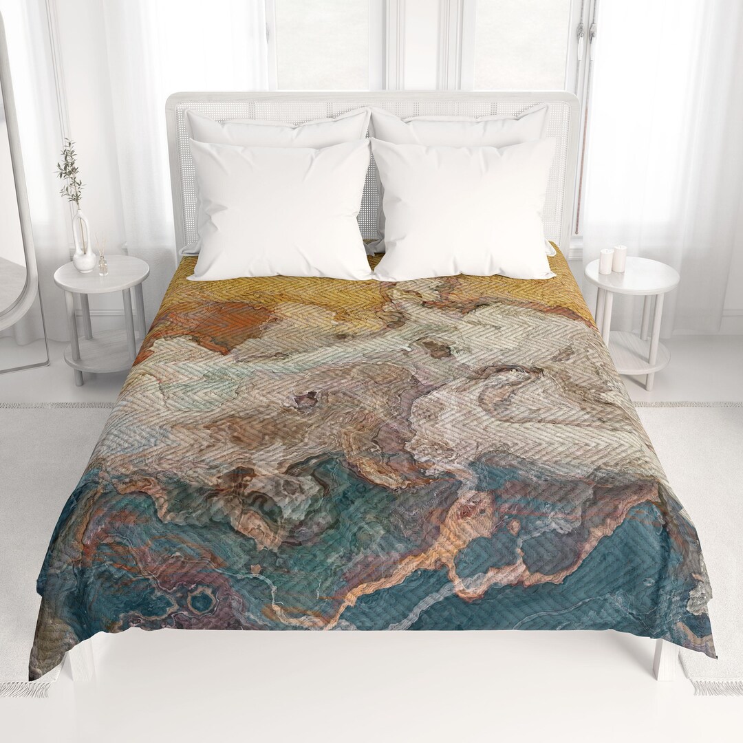Quilted Bedspread With Abstract Art, Chevron Quilted Pattern and Hemmed ...
