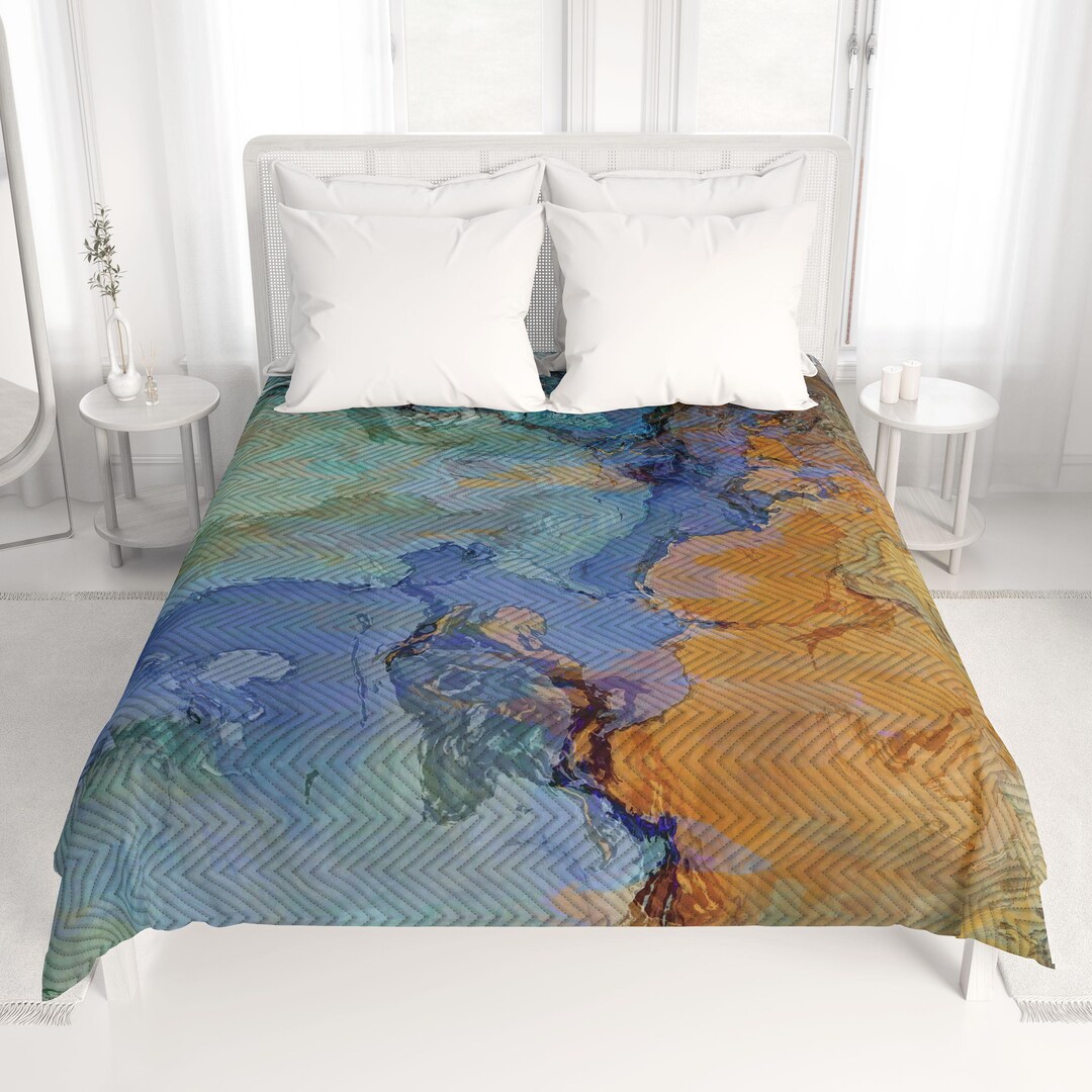 Quilted Bedspread With Abstract Art, Chevron Quilted Pattern and Hemmed ...