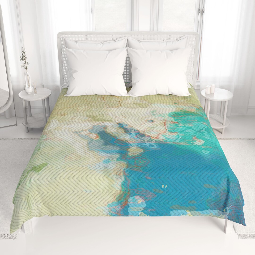 Quilted Bedspread With Abstract Art, Chevron Quilted Pattern and Hemmed ...