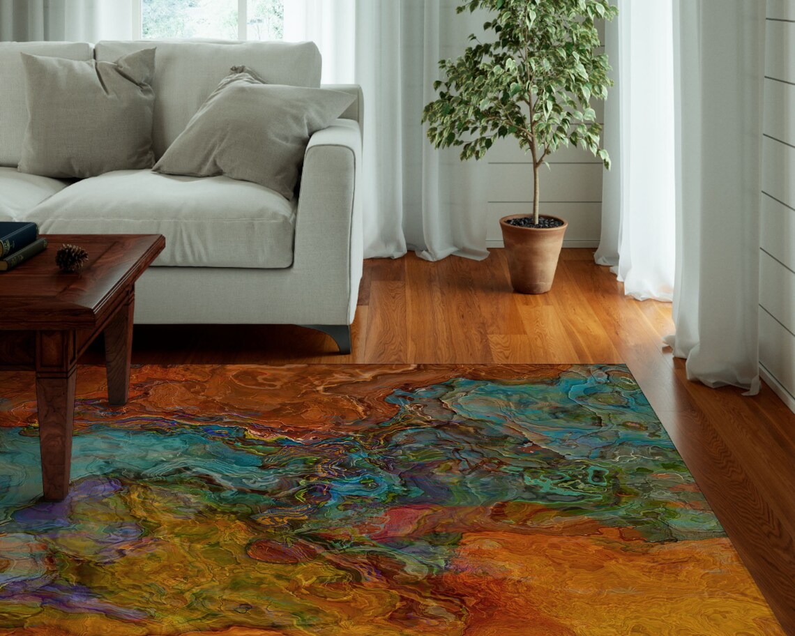 Area Rug With Abstract Art: Contemporary Indoor-outdoor Lay-flat Rug ...