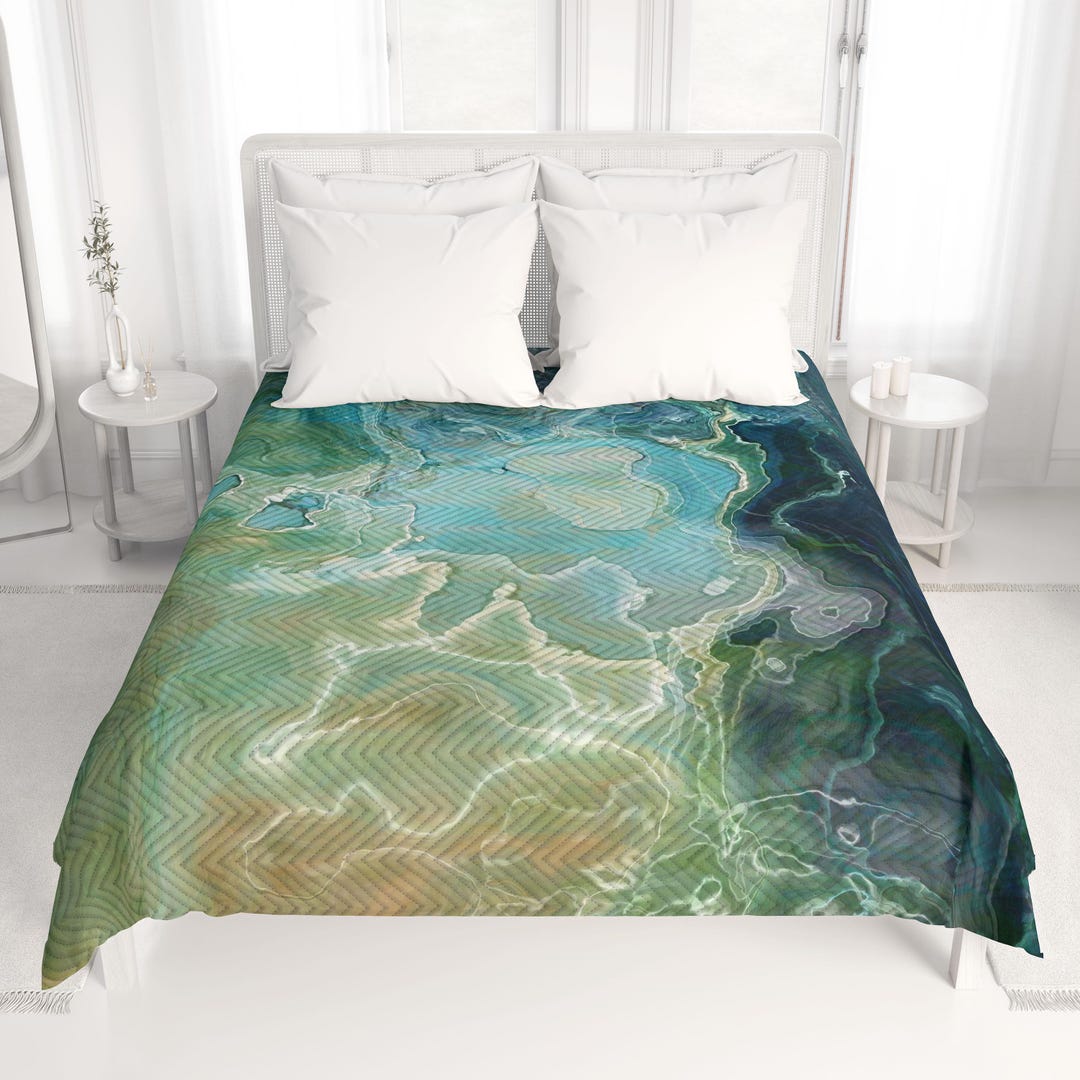 Quilted Bedspread With Abstract Art, Chevron Quilted Pattern and Hemmed ...