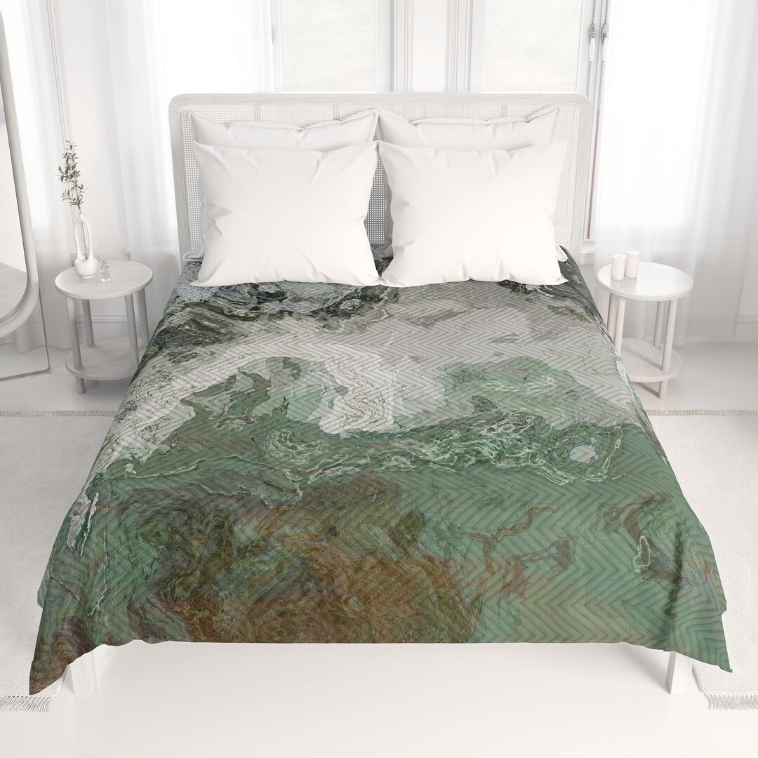 Quilted Bedspread With Abstract Art, Chevron Quilted Pattern and Hemmed ...