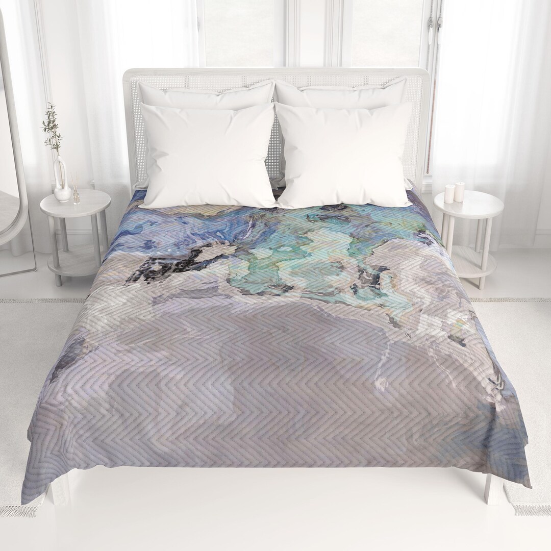 Quilted Bedspread With Abstract Art, Chevron Quilted Pattern and Hemmed ...