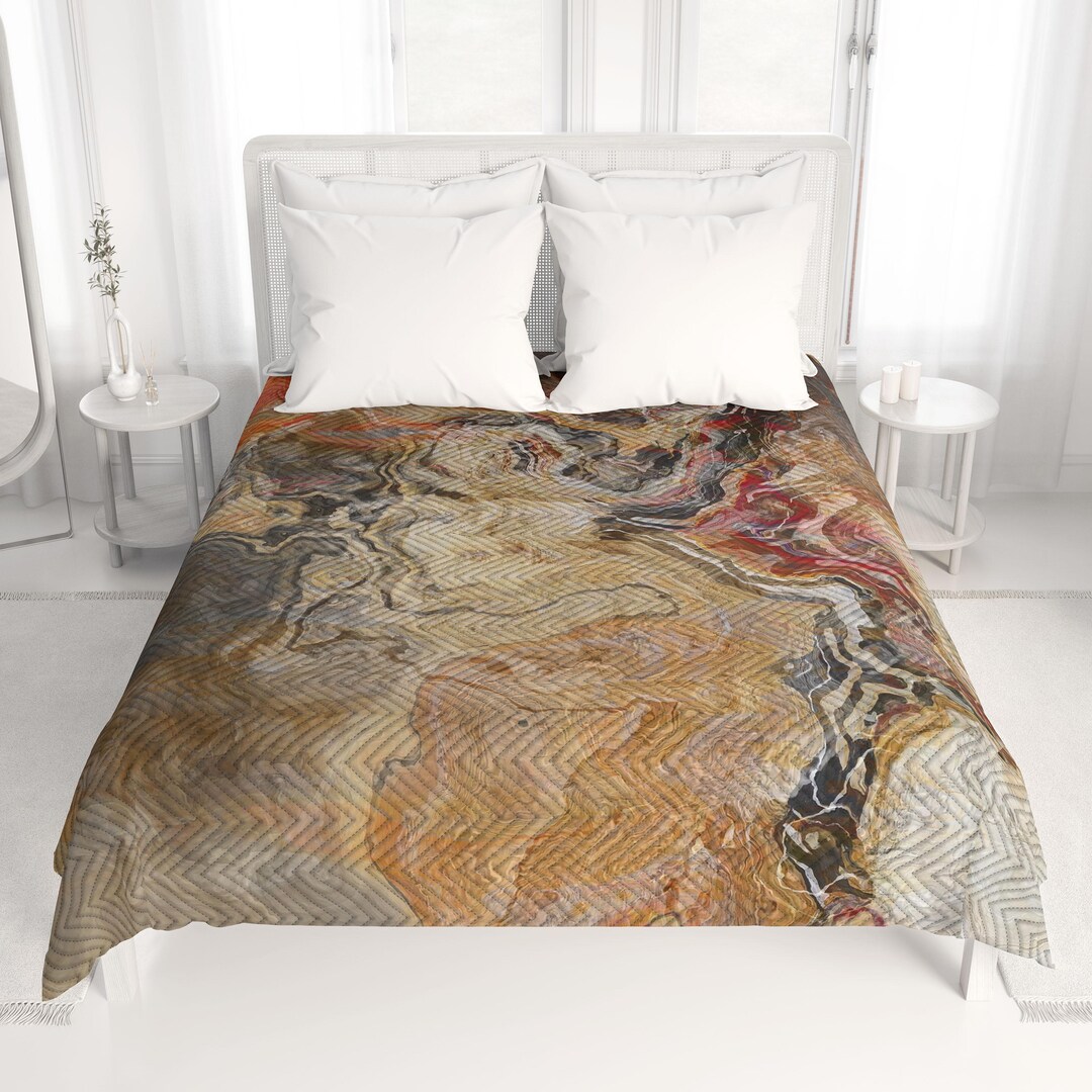 Quilted Bedspread With Abstract Art, Chevron Quilted Pattern and Hemmed ...