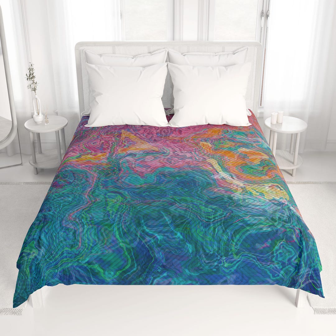 Quilted Bedspread With Abstract Art, Chevron Quilted Pattern and Hemmed ...
