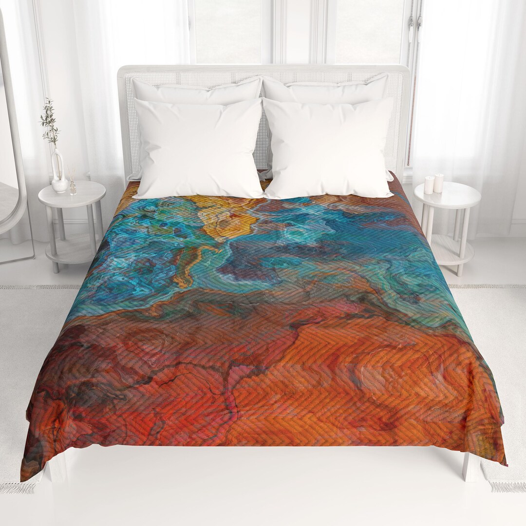 Quilted Bedspread With Abstract Art, Chevron Quilted Pattern and Hemmed ...