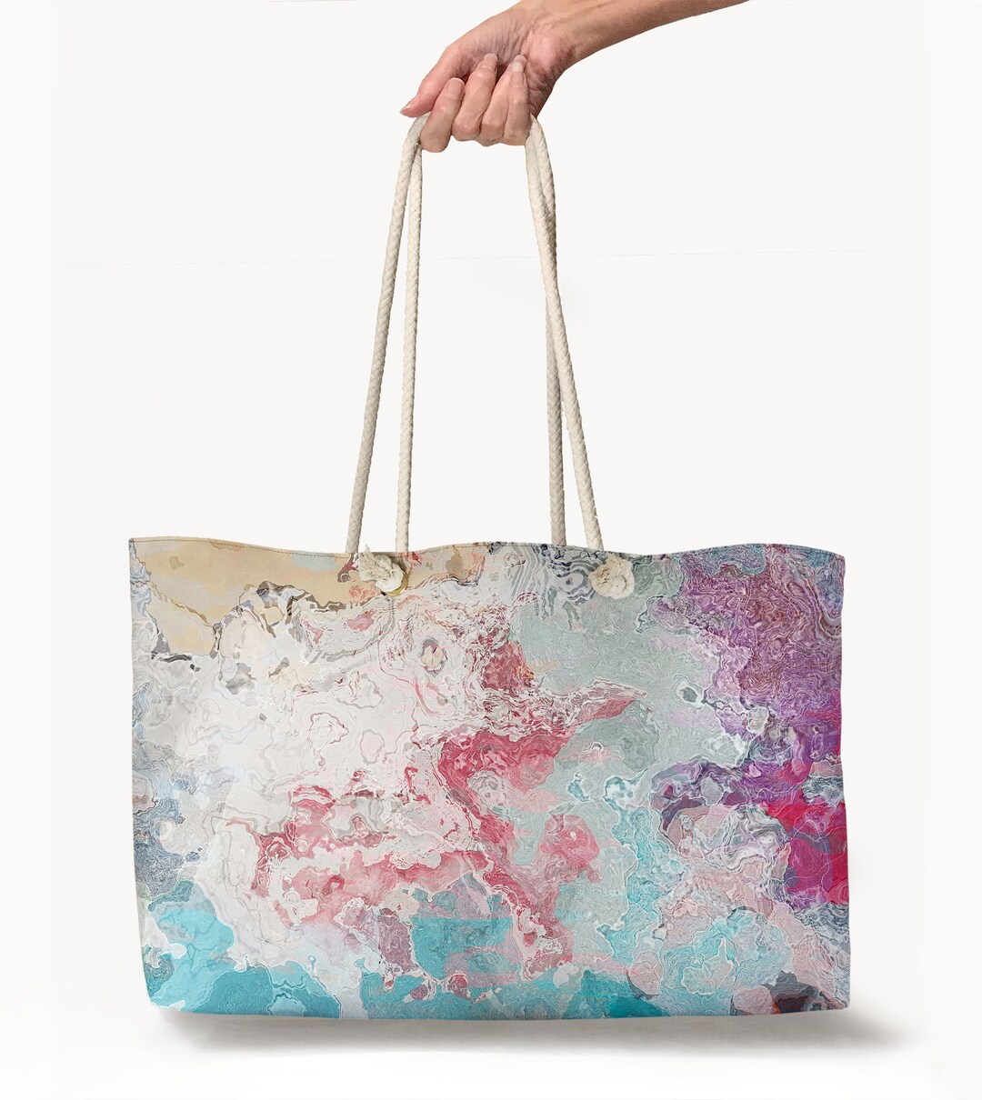 Oversized Rope Handle Tote Bag With Abstract Art, Large Vacation Lined ...