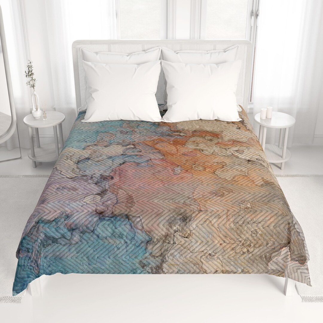 Quilted Bedspread With Abstract Art, Chevron Quilted Pattern and Hemmed ...