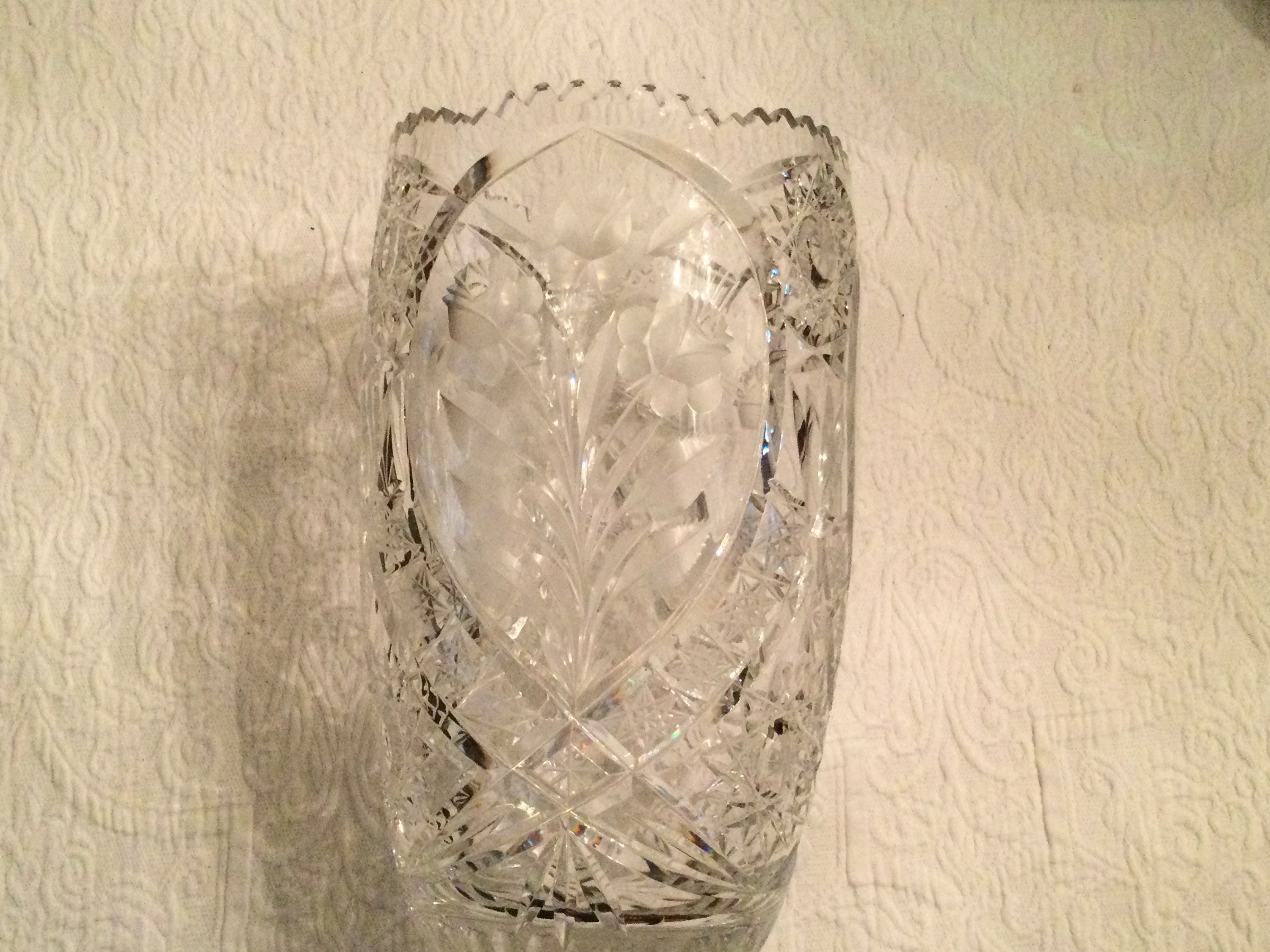 Bohemian Czech Hand Cut Crystal Vase With Engraved Frosted Flowers and ...