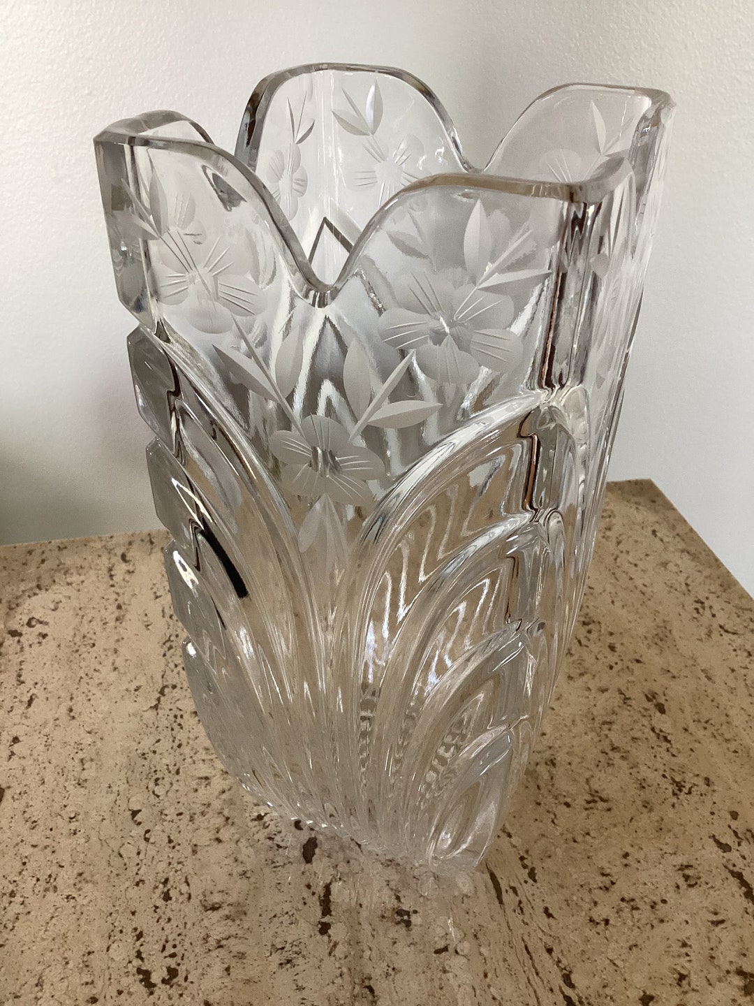 Stunning Beautiful Crystal Square Vase With Etched Flowers, Pattern ...