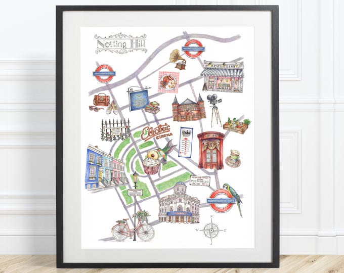 Notting Hill London Map Art Print Illustrated Watercolour Hand Drawn ...