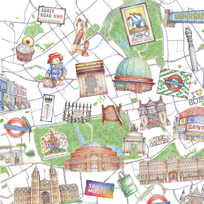 Illustrated Central London Map Art Print - Etsy