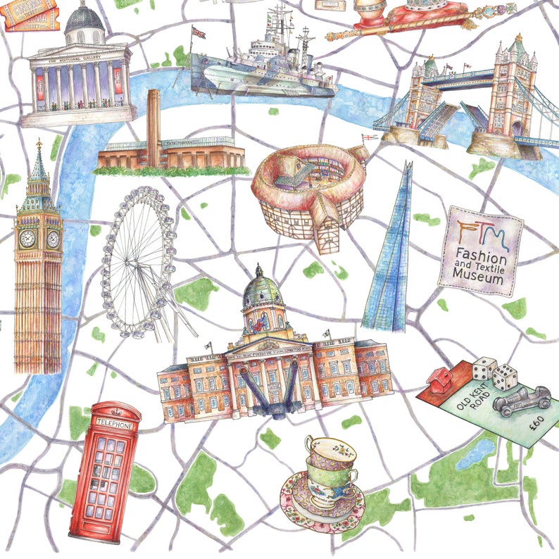 London Illustrated Map Print Iconic Central London Watercolour Hand ...