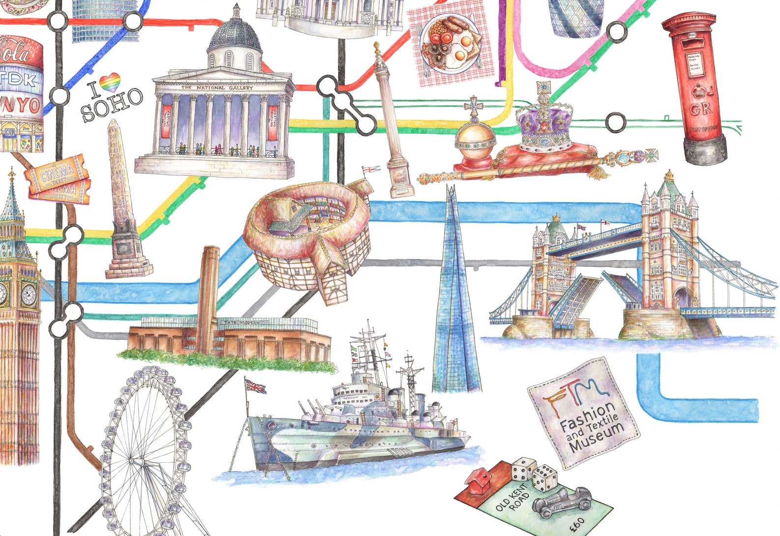 Underground Tube London Map Illustrated London Watercolour Print - Etsy