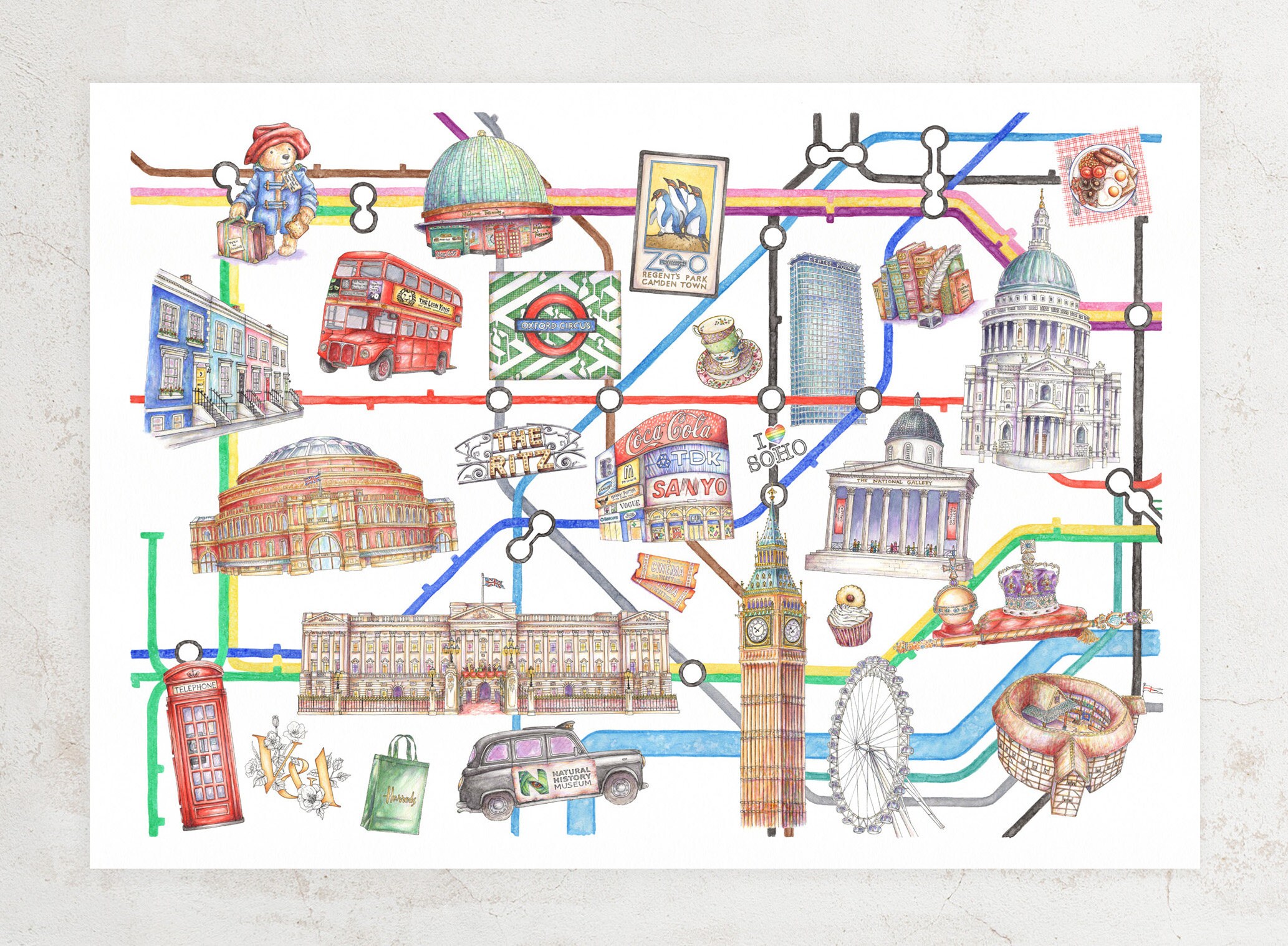 London Underground Tube Map Print Hand Drawn Watercolour Painting