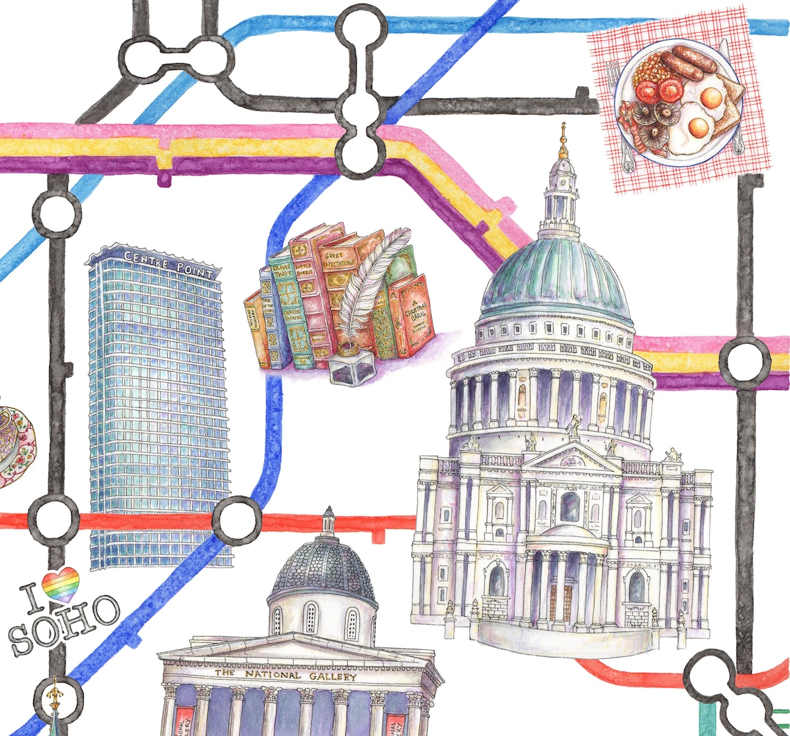 London Underground Tube Map Print Hand Drawn Watercolour - Etsy