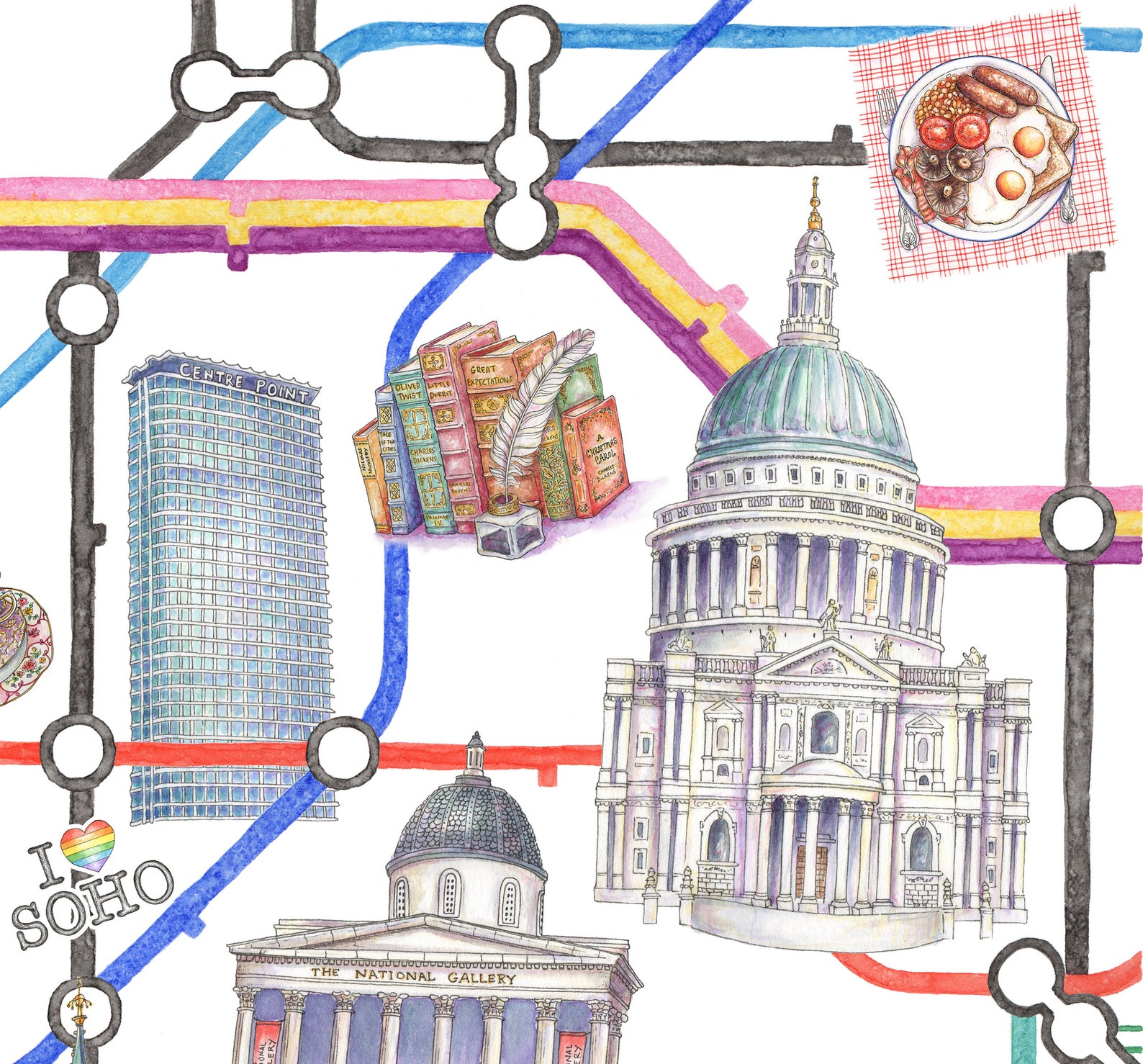 London Underground Tube Map Print - Hand Drawn Watercolour Painting ...