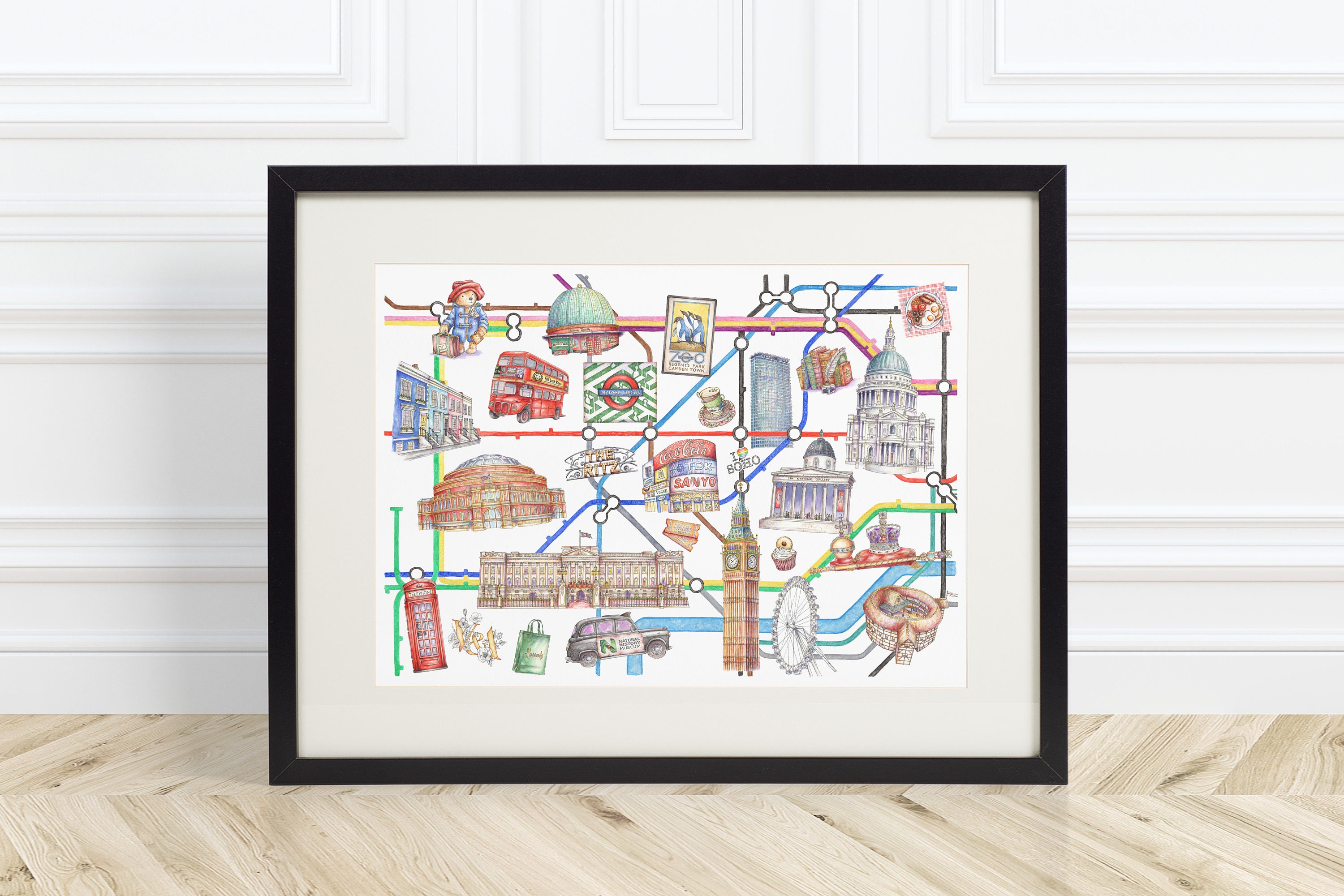 London Underground Tube Map Print - Hand Drawn Watercolour Painting ...