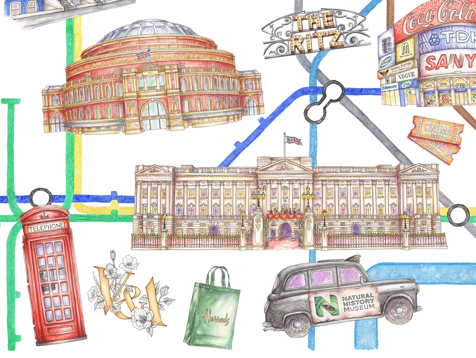 London Underground Tube Map Print - Hand Drawn Watercolour Painting ...