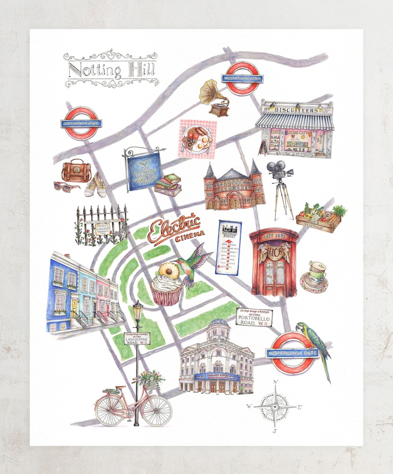 Notting Hill London Map Art Print - Illustrated Watercolour Hand Drawn ...