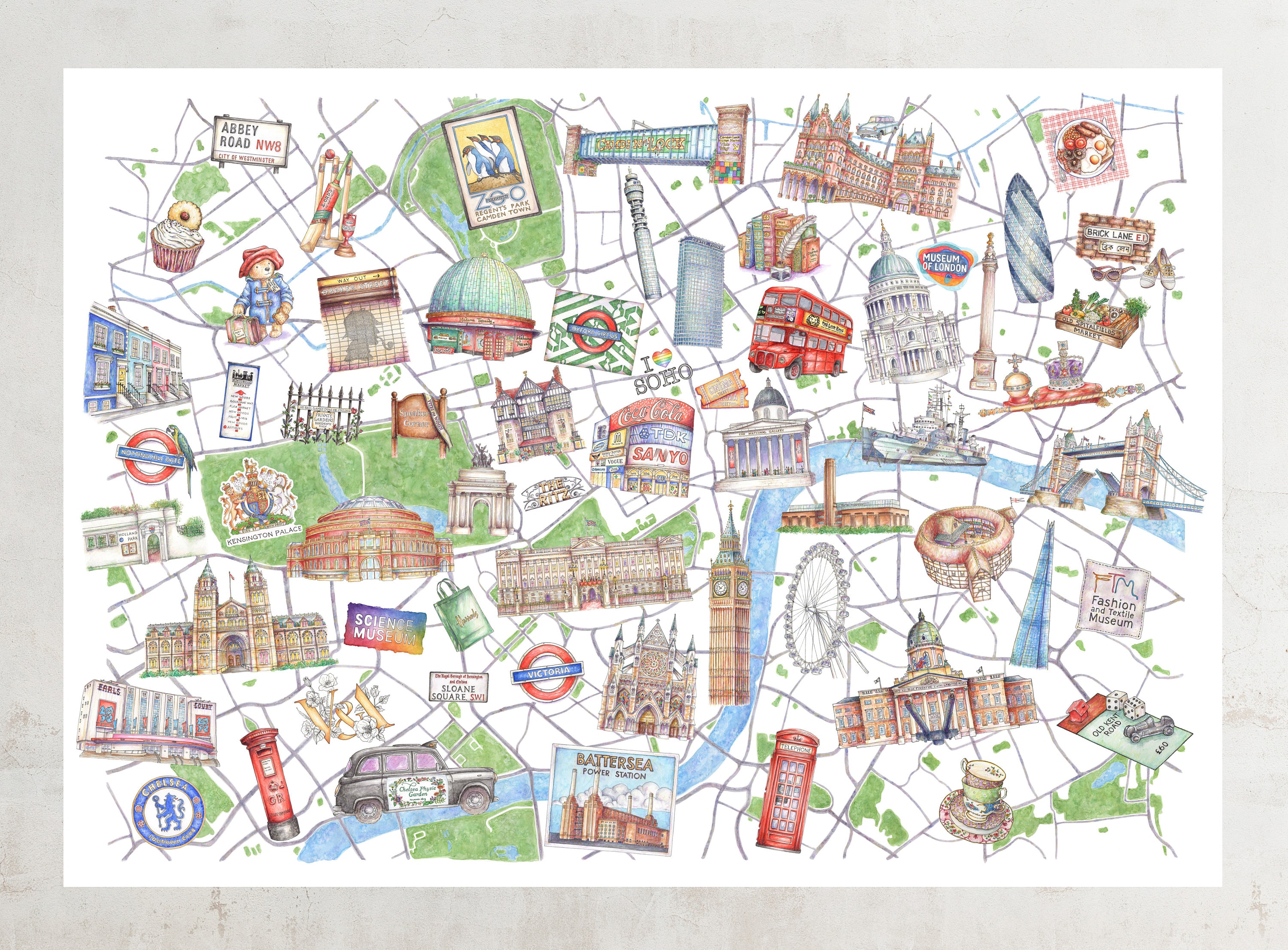 London Illustrated Map Print Iconic Central London Watercolour Hand ...