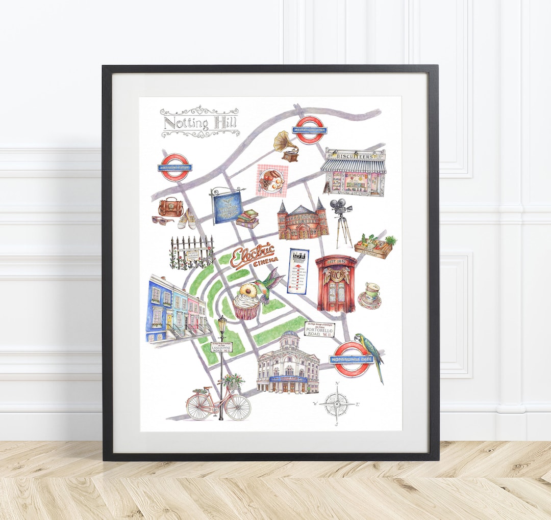 Notting Hill London Map Art Print - Illustrated Watercolour Hand Drawn ...