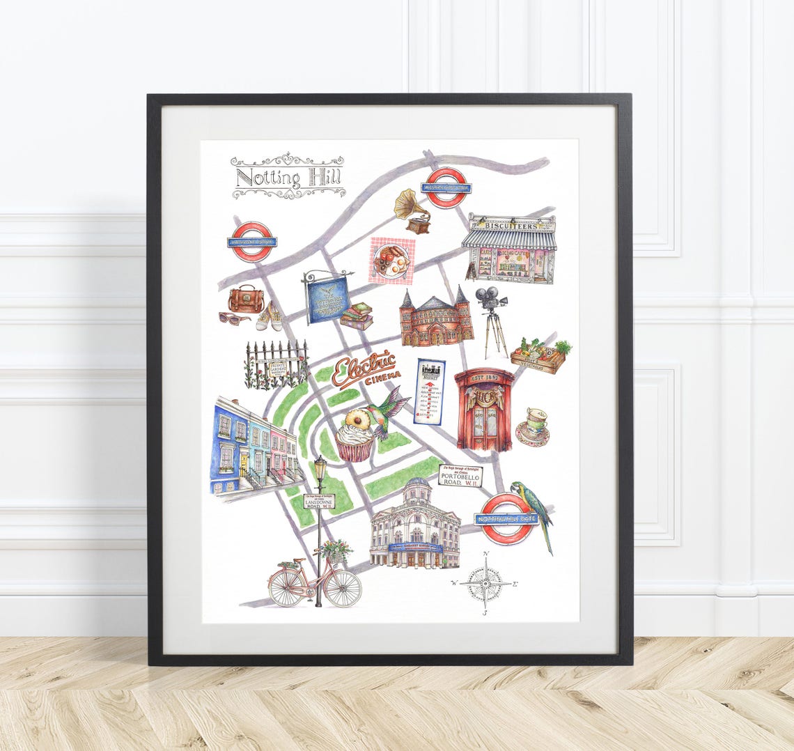 Notting Hill London Map Art Print Illustrated Watercolour - Etsy