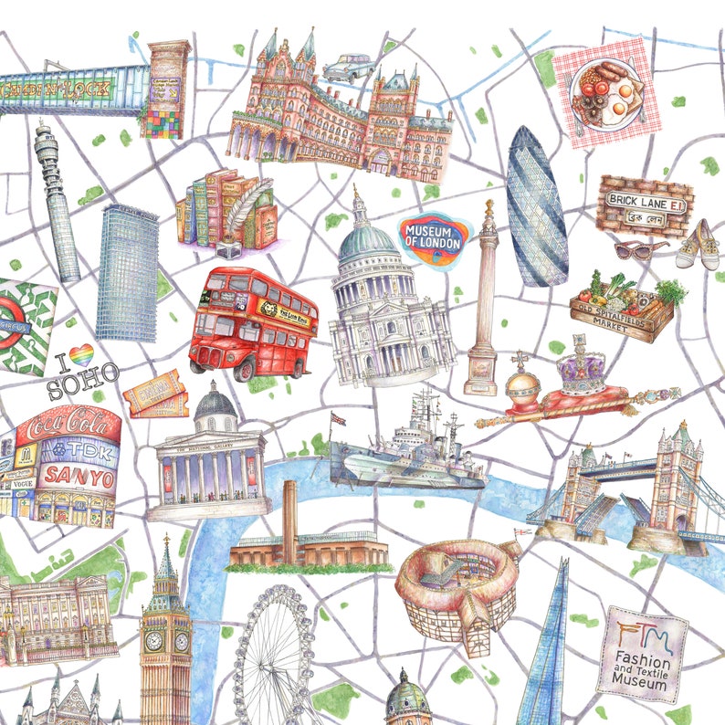 Illustrated Central London Map Art Print - Etsy