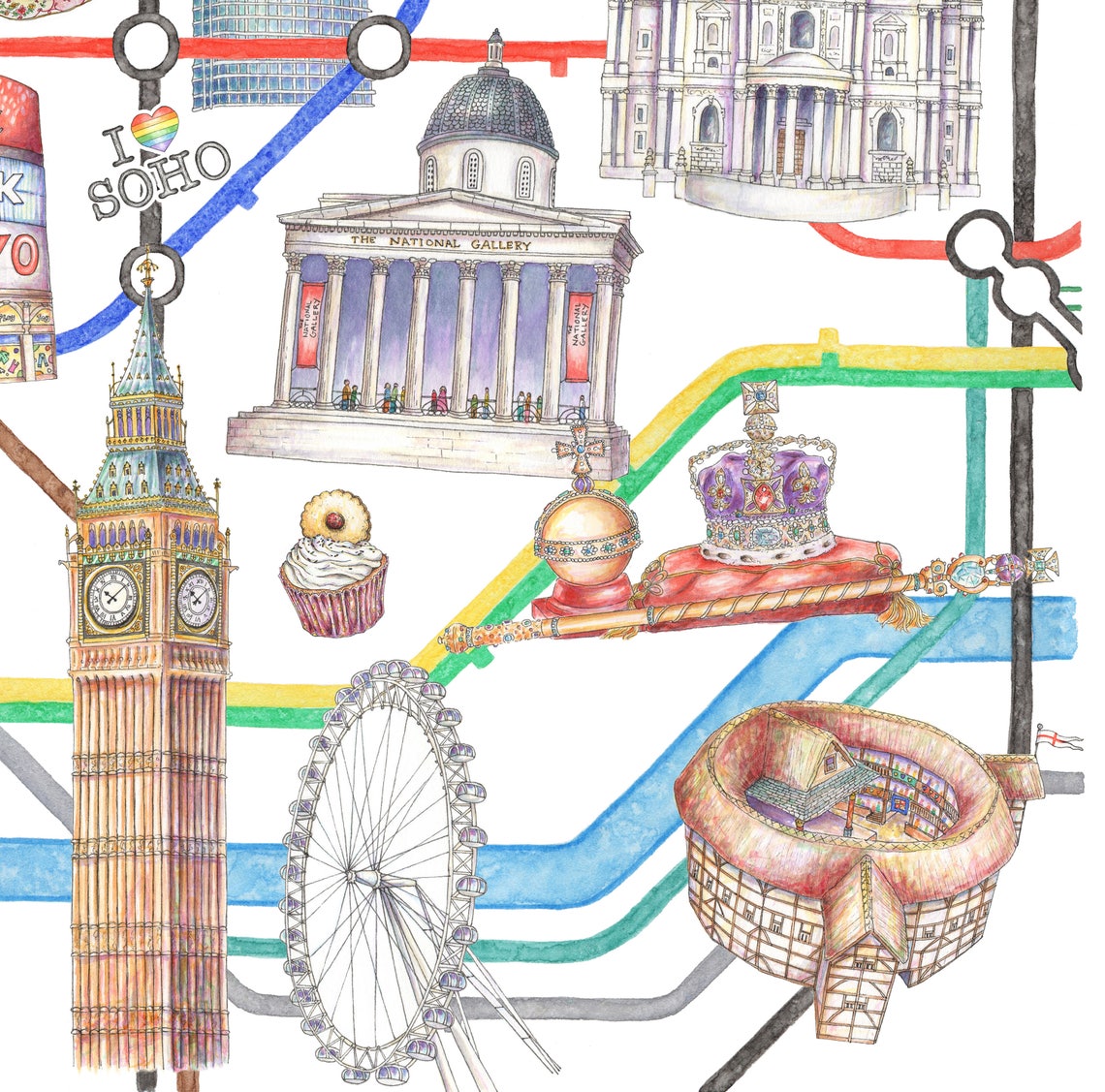 London Underground Tube Map Print Hand Drawn Watercolour - Etsy