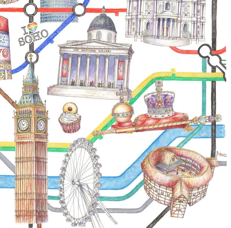 London Underground Tube Map Print - Hand Drawn Watercolour Painting ...