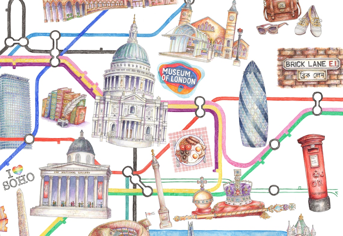 Underground Tube London Map Illustrated London Watercolour Print - Etsy