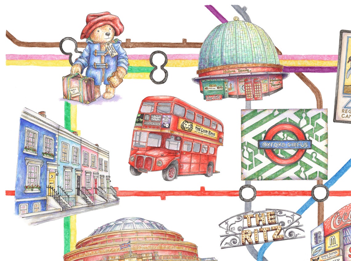 London Underground Tube Map Print Hand Drawn Watercolour - Etsy