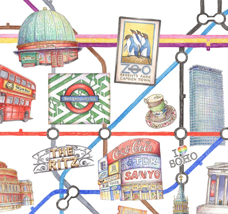 London Underground Tube Map Print - Hand Drawn Watercolour Painting ...