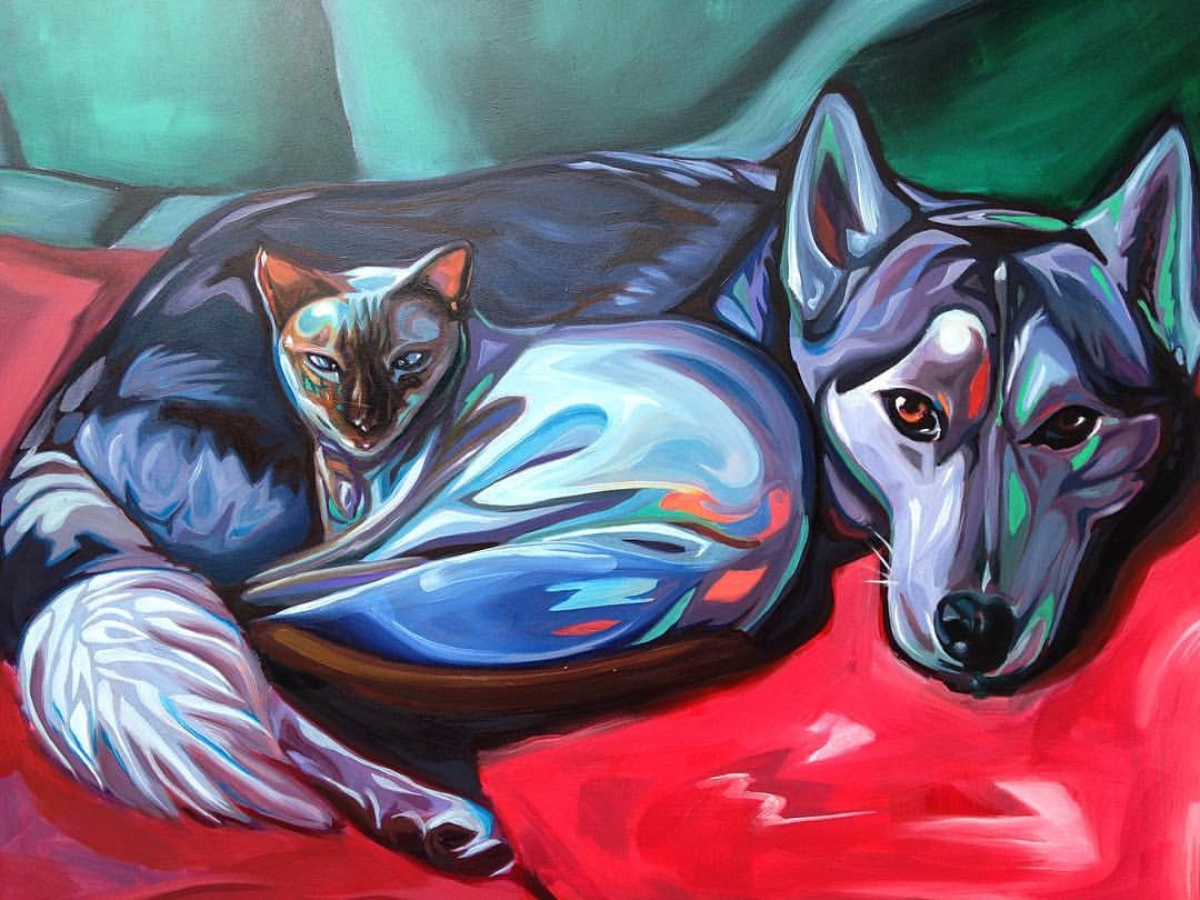 SAMPLE 20x24 Custom Oil Cat Portrait of Sasha the Husky and Simone the ...