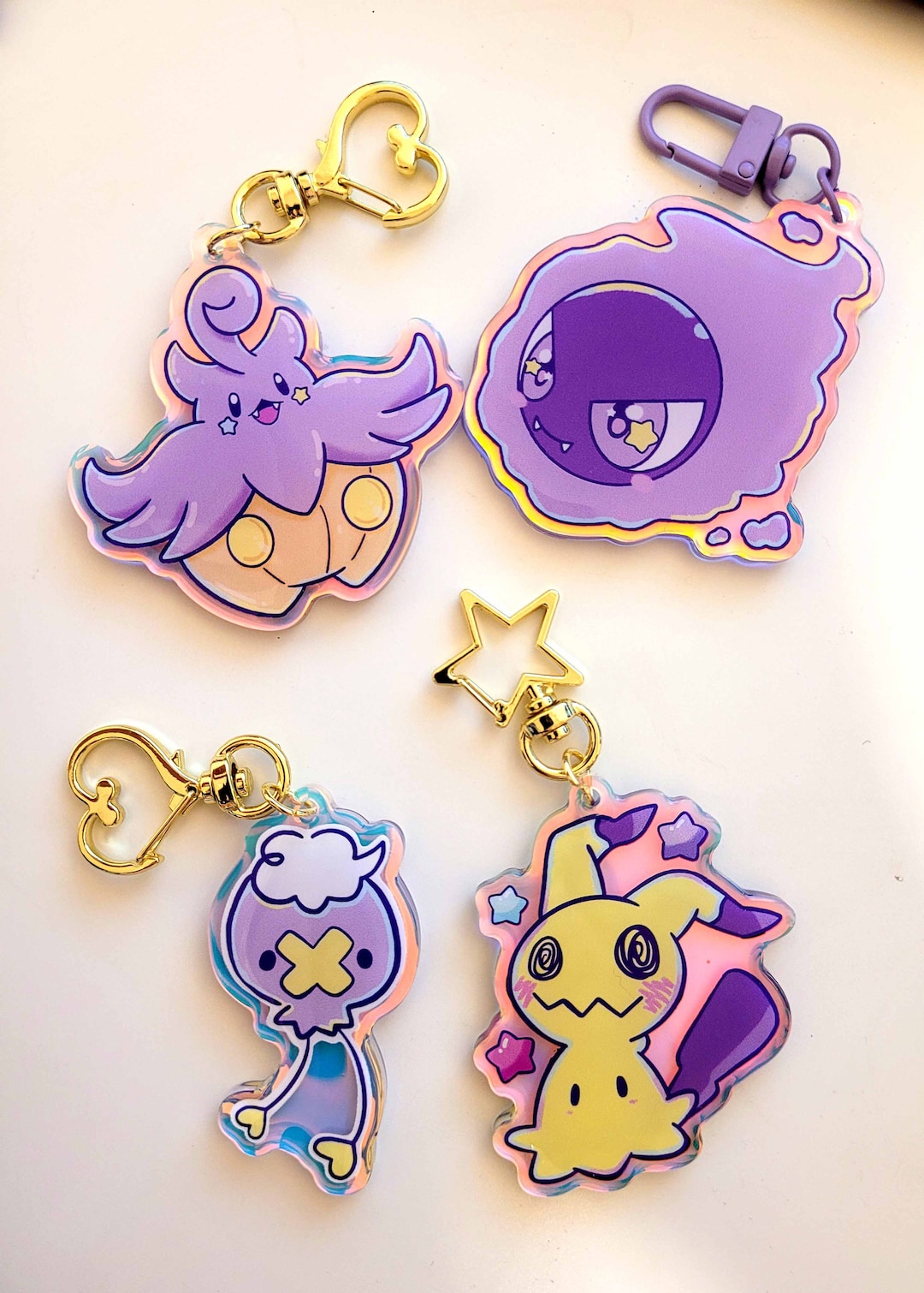 Holographic Pokemon Keychain Acrylic Double Sided With Gold Star Clasp ...
