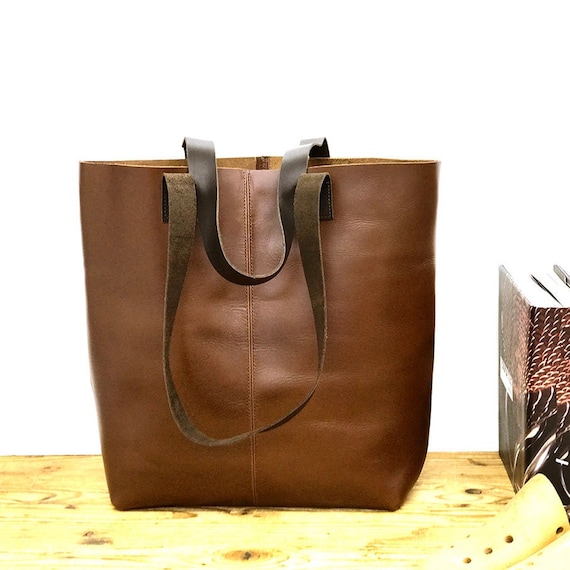 Brown Leather Tote Bag Leather Bucket Bag Vintage Brown | Etsy