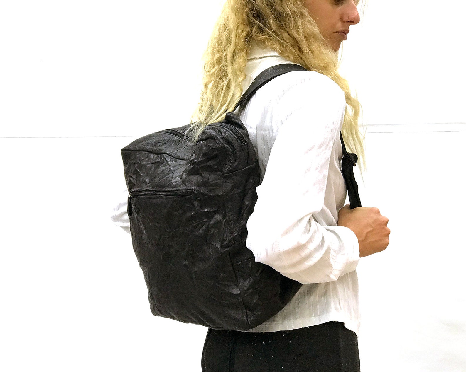 Black Leather Backpack Women Zipper Rocksack Front Pocket Square ...