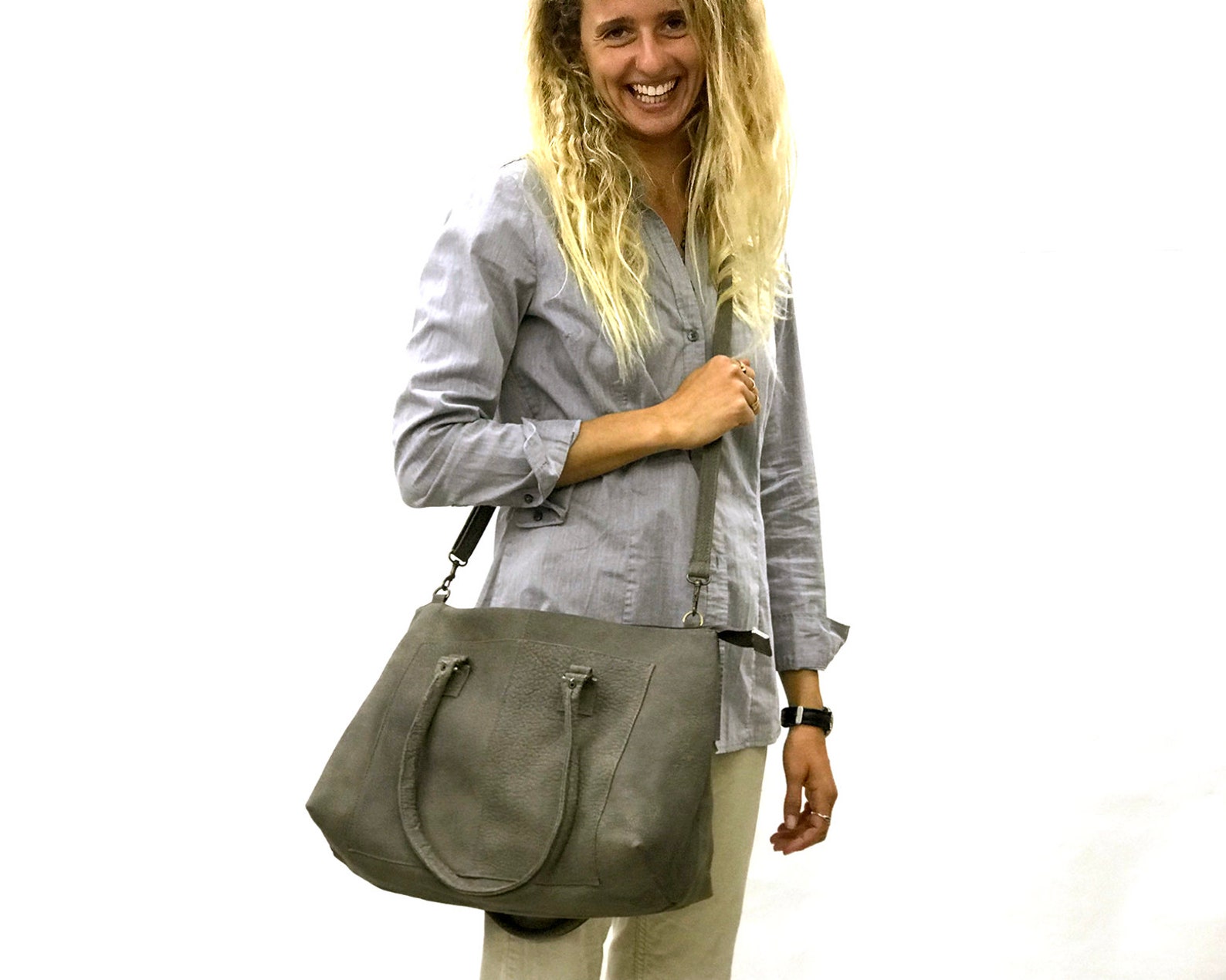 Women Leather Crossbody Bag, Leather Messenger Bag Grey Leather Zipper ...
