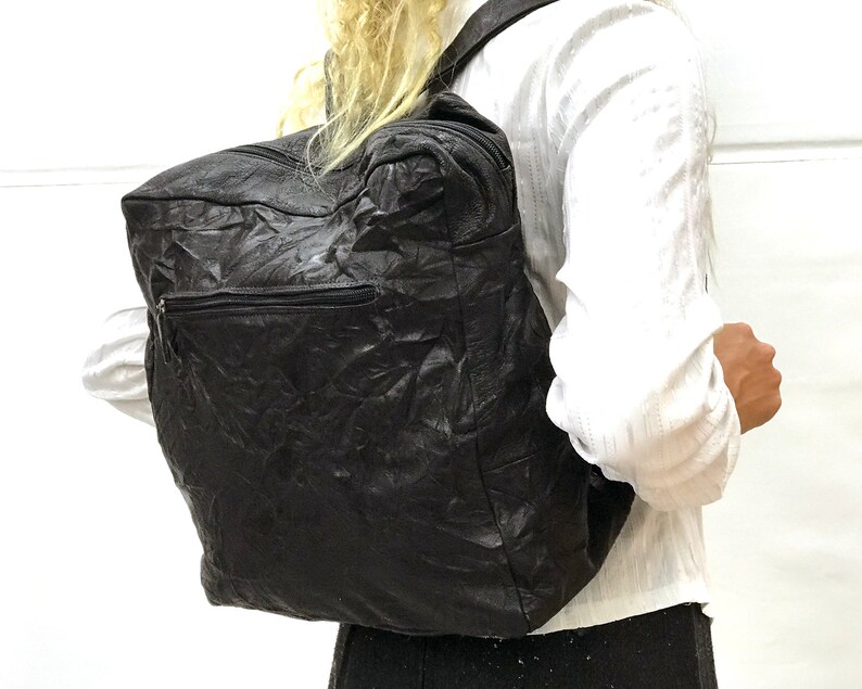 Black Leather Backpack Women Zipper Rocksack Front Pocket | Etsy