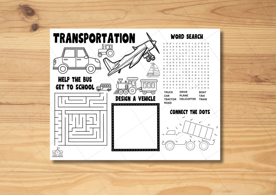 Transportation Placemat - Printable Coloring and Activity Sheet for ...