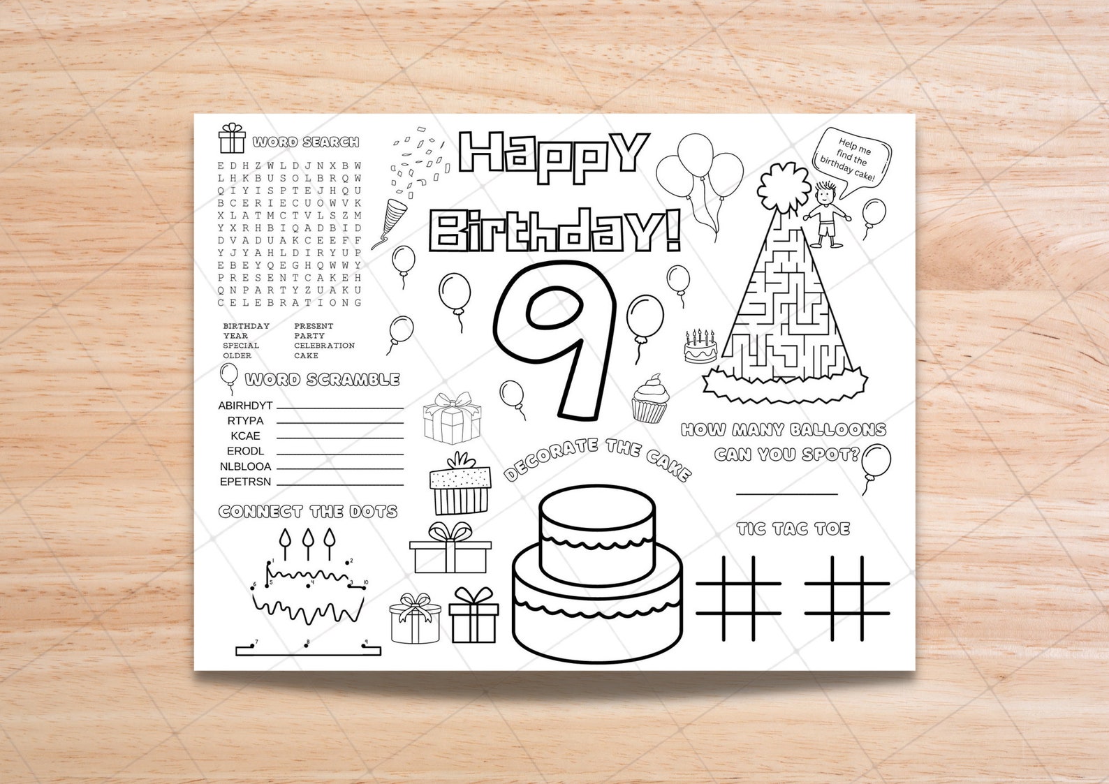 Birthday Placemat NINE - 9th Birthday - Printable Coloring and Activity ...