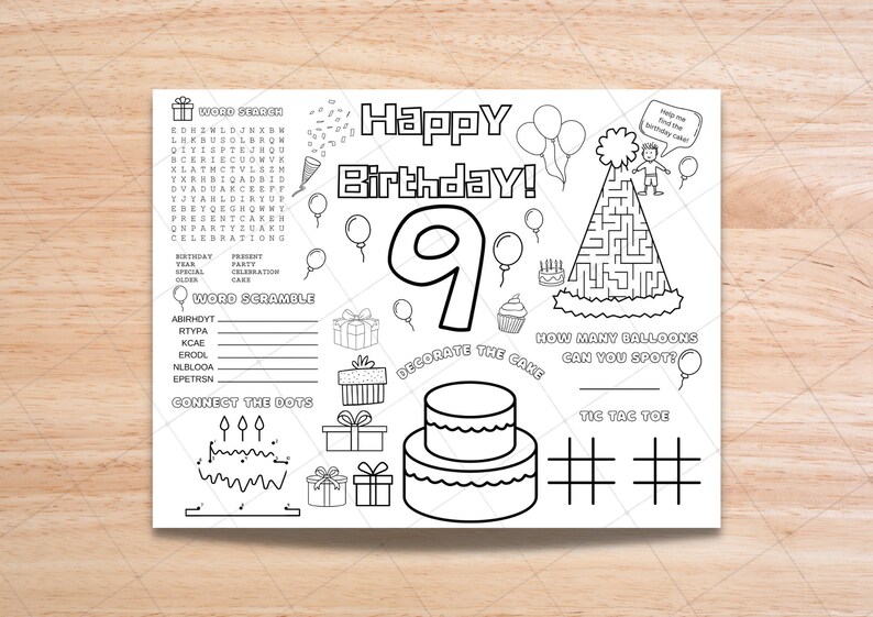 Birthday Placemat NINE - 9th Birthday - Printable Coloring and Activity ...