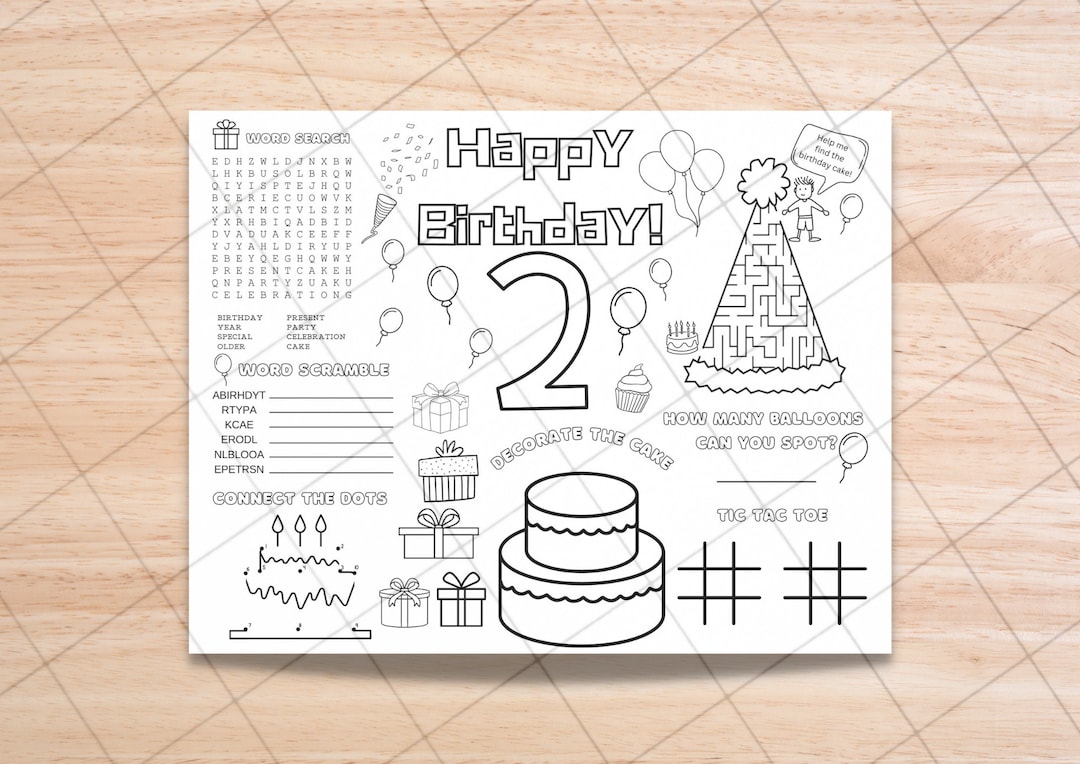 Birthday Placemat TWO - 2nd Birthday - Printable Coloring and Activity ...