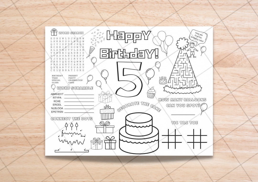 Birthday Placemat FIVE - 5th Birthday - Printable Coloring and Activity ...